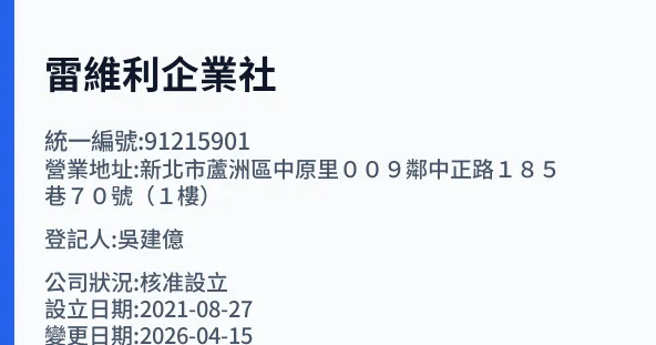 雷維利企業社的照片-統編 91215901(新北市) 公司登記資料與營業項目詳細圖表