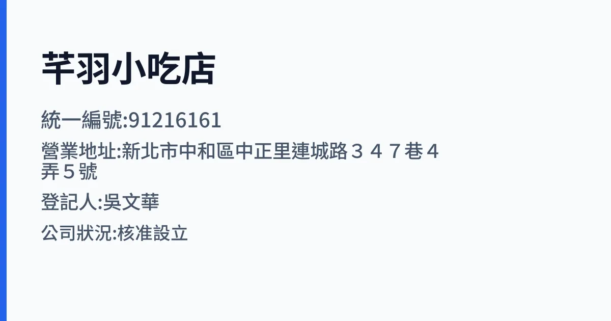 芊羽小吃店 - 統編 91216161(新北市) 公司登記資料與營業項目詳細圖表