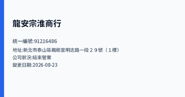 龍安宗淮商行的照片-統編 91216486(新北市) 公司登記資料與營業項目詳細圖表