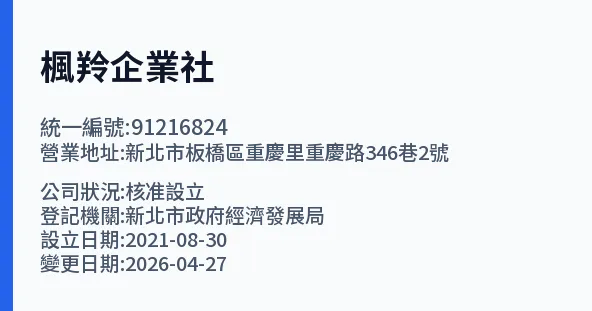 楓羚企業社的照片-統編 91216824(新北市) 公司登記資料與營業項目詳細圖表