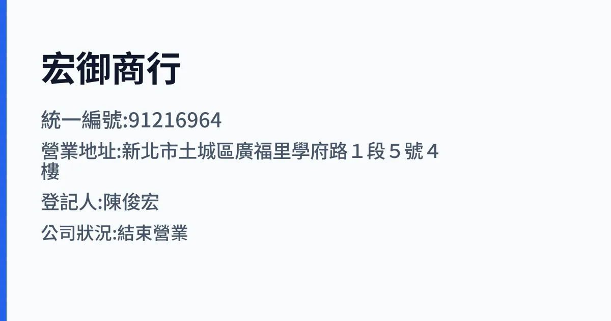 宏御商行 - 統編 91216964(新北市) 公司登記資料與營業項目詳細圖表
