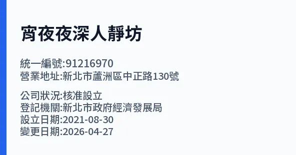 宵夜夜深人靜坊的照片-統編 91216970(新北市) 公司登記資料與營業項目詳細圖表