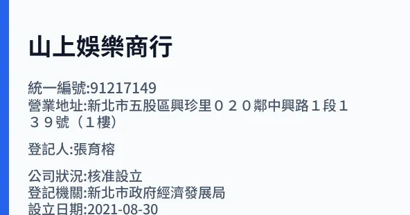 山上娛樂商行的照片-統編 91217149(新北市) 公司登記資料與營業項目詳細圖表