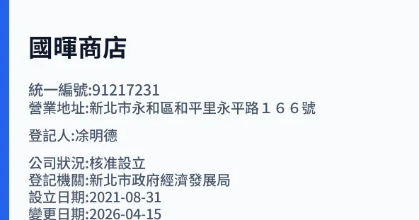 國暉商店的照片-統編 91217231(新北市) 公司登記資料與營業項目詳細圖表