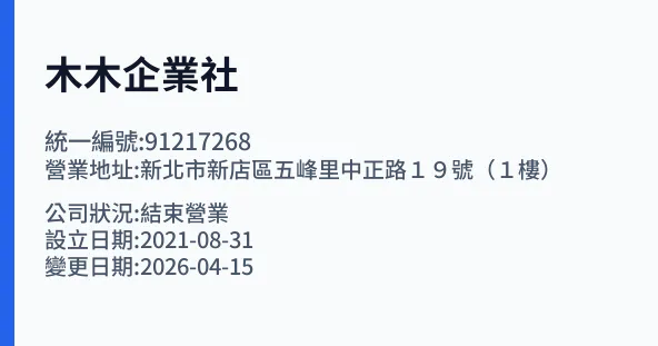 木木企業社的照片-統編 91217268(新北市) 公司登記資料與營業項目詳細圖表