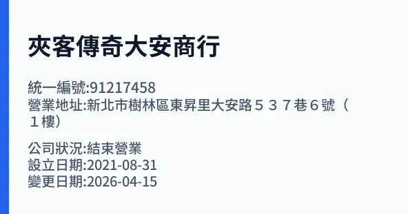 夾客傳奇大安商行的照片-統編 91217458(新北市) 公司登記資料與營業項目詳細圖表