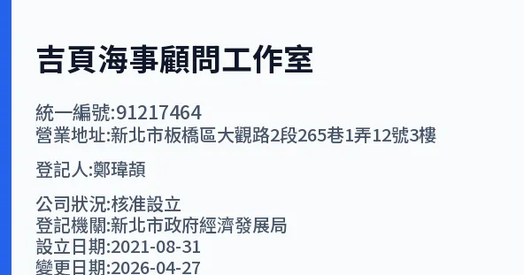 吉頁海事顧問工作室的照片-統編 91217464(新北市) 公司登記資料與營業項目詳細圖表