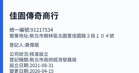 佳園傳奇商行的照片-統編 91217534(新北市) 公司登記資料與營業項目詳細圖表