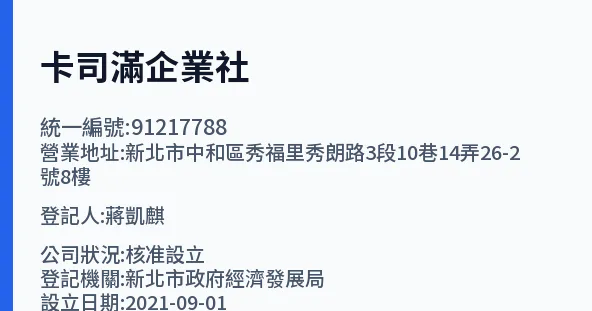 卡司滿企業社的照片-統編 91217788(新北市) 公司登記資料與營業項目詳細圖表