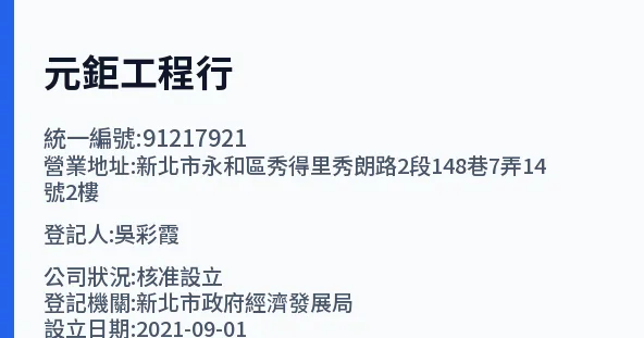 元鉅工程行的照片-統編 91217921(新北市) 公司登記資料與營業項目詳細圖表