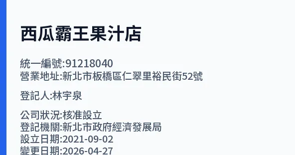 西瓜霸王果汁店的照片-統編 91218040(新北市) 公司登記資料與營業項目詳細圖表