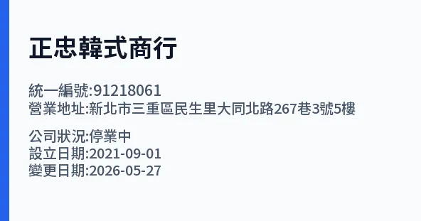正忠韓式商行的照片-統編 91218061(新北市) 公司登記資料與營業項目詳細圖表