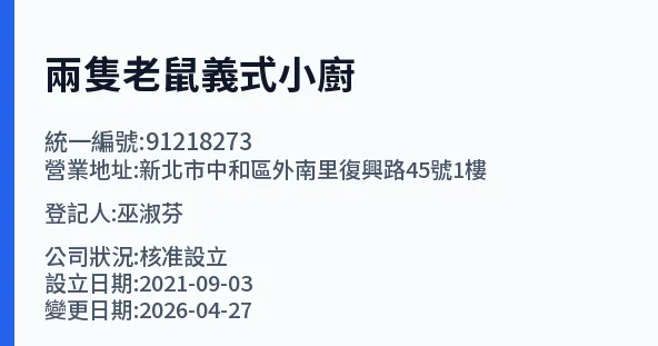 兩隻老鼠義式小廚的照片-統編 91218273(新北市) 公司登記資料與營業項目詳細圖表