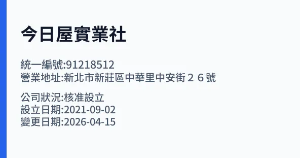 今日屋實業社的照片-統編 91218512(新北市) 公司登記資料與營業項目詳細圖表