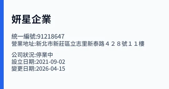 妍星企業的照片-統編 91218647(新北市) 公司登記資料與營業項目詳細圖表