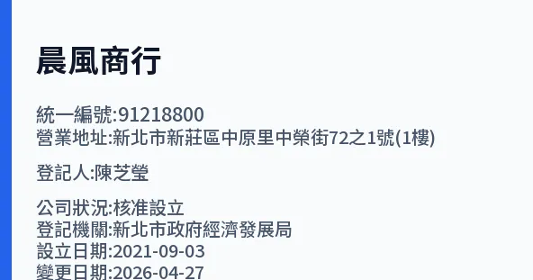晨風商行的照片-統編 91218800(新北市) 公司登記資料與營業項目詳細圖表