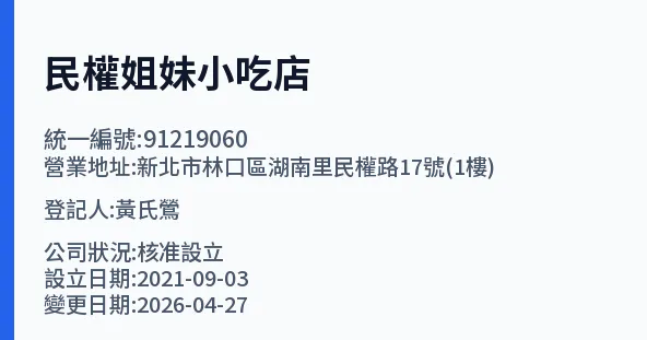 民權姐妹小吃店的照片-統編 91219060(新北市) 公司登記資料與營業項目詳細圖表