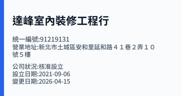 達峰室內裝修工程行的照片-統編 91219131(新北市) 公司登記資料與營業項目詳細圖表