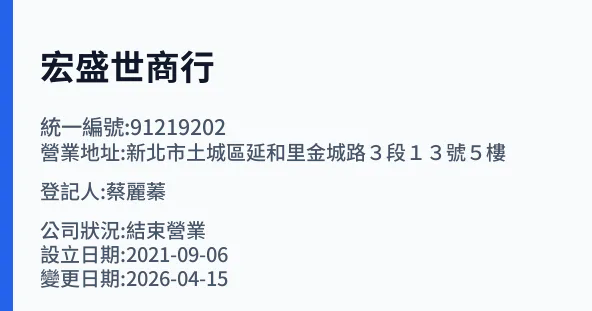 宏盛世商行的照片-統編 91219202(新北市) 公司登記資料與營業項目詳細圖表
