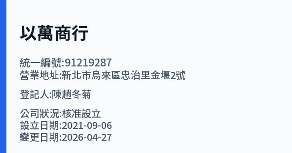以萬商行的照片-統編 91219287(新北市) 公司登記資料與營業項目詳細圖表