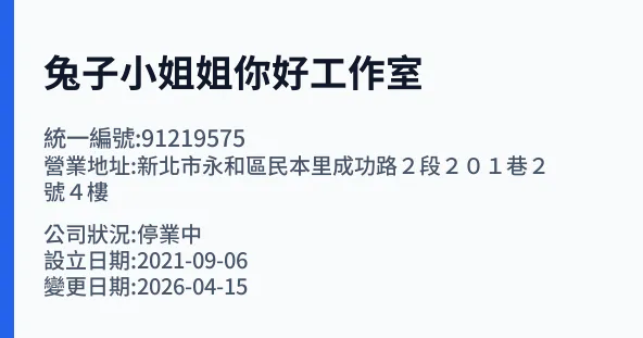 兔子小姐姐你好工作室的照片-統編 91219575(新北市) 公司登記資料與營業項目詳細圖表