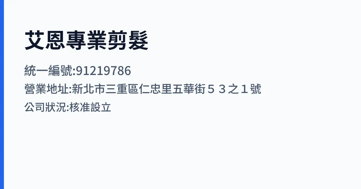 艾恩專業剪髮 - 統編 91219786（新北市） 公司登記資料與營業項目詳細圖表
