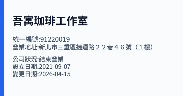 吾寓珈琲工作室的照片-統編 91220019(新北市) 公司登記資料與營業項目詳細圖表