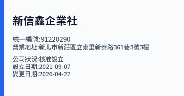 新信鑫企業社的照片-統編 91220290(新北市) 公司登記資料與營業項目詳細圖表