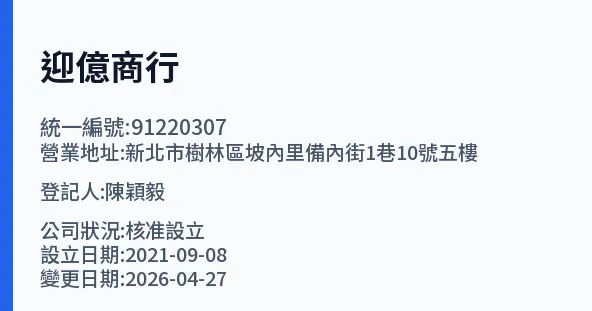 迎億商行的照片-統編 91220307(新北市) 公司登記資料與營業項目詳細圖表