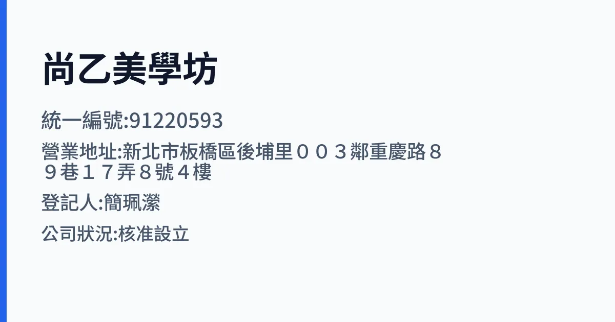 尚乙美學坊 - 統編 91220593(新北市) 公司登記資料與營業項目詳細圖表
