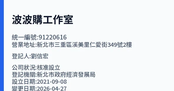 波波購工作室的照片-統編 91220616(新北市) 公司登記資料與營業項目詳細圖表