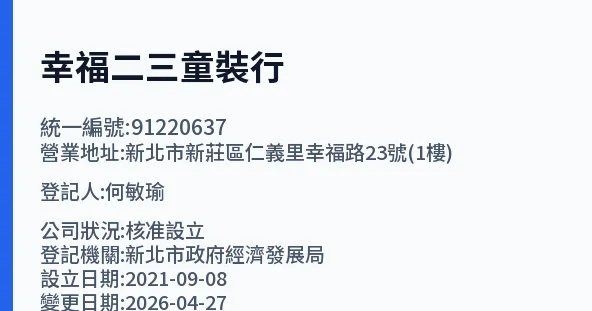 幸福二三童裝行的照片-統編 91220637(新北市) 公司登記資料與營業項目詳細圖表