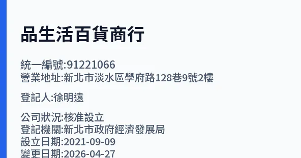 品生活百貨商行的照片-統編 91221066(新北市) 公司登記資料與營業項目詳細圖表
