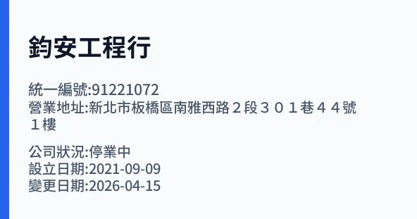 鈞安工程行的照片-統編 91221072(新北市) 公司登記資料與營業項目詳細圖表
