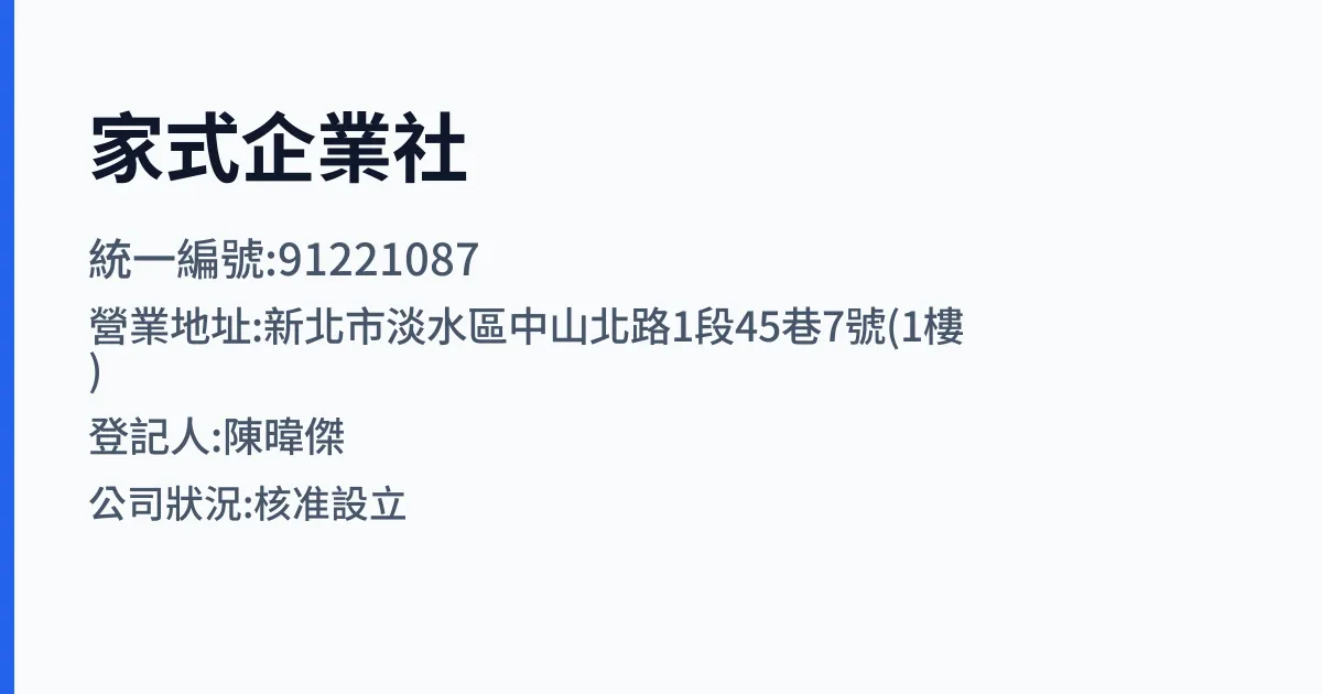 家式企業社 - 統編 91221087(新北市) 公司登記資料與營業項目詳細圖表