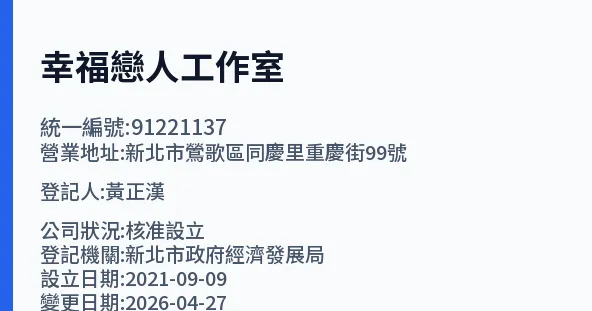 幸福戀人工作室的照片-統編 91221137(新北市) 公司登記資料與營業項目詳細圖表