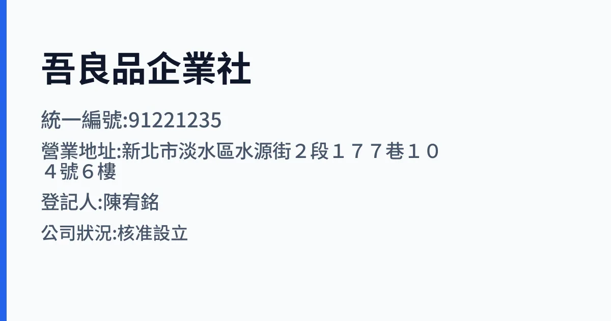 吾良品企業社 - 統編 91221235(新北市) 公司登記資料與營業項目詳細圖表