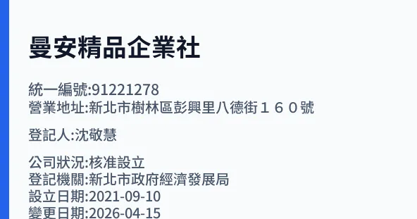 曼安精品企業社的照片-統編 91221278(新北市) 公司登記資料與營業項目詳細圖表