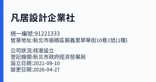 凡居設計企業社的照片-統編 91221333(新北市) 公司登記資料與營業項目詳細圖表