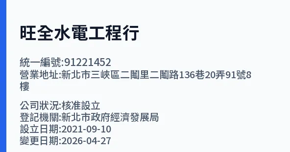 旺全水電工程行的照片-統編 91221452(新北市) 公司登記資料與營業項目詳細圖表