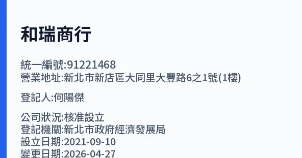和瑞商行的照片-統編 91221468(新北市) 公司登記資料與營業項目詳細圖表