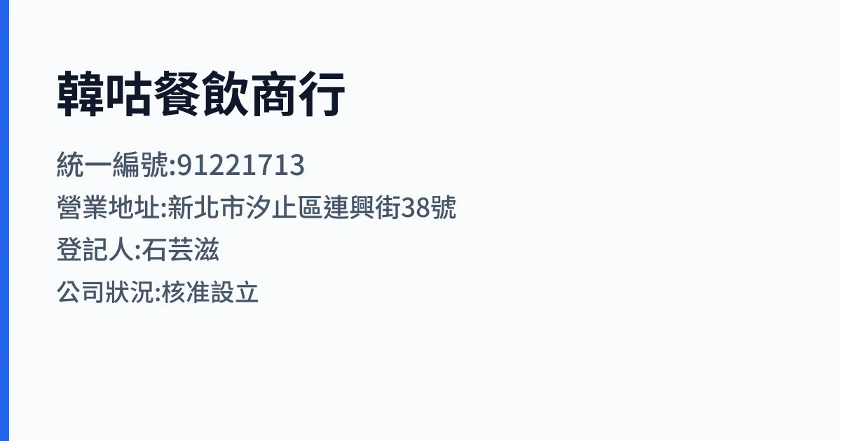 韓咕餐飲商行 - 統編 91221713(新北市) 公司登記資料與營業項目詳細圖表