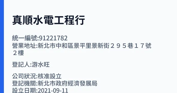 真順水電工程行的照片-統編 91221782(新北市) 公司登記資料與營業項目詳細圖表