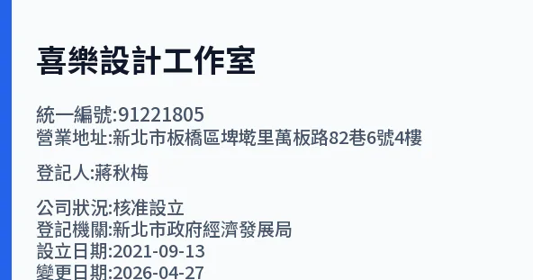 喜樂設計工作室的照片-統編 91221805(新北市) 公司登記資料與營業項目詳細圖表
