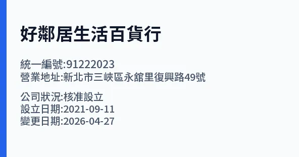 好鄰居生活百貨行的照片-統編 91222023(新北市) 公司登記資料與營業項目詳細圖表