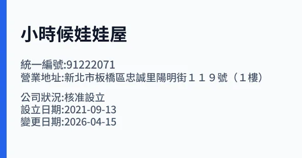 小時候娃娃屋的照片-統編 91222071(新北市) 公司登記資料與營業項目詳細圖表