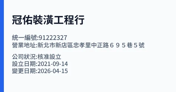 冠佑裝潢工程行的照片-統編 91222327(新北市) 公司登記資料與營業項目詳細圖表