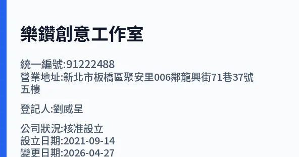 樂鑽創意工作室的照片-統編 91222488(新北市) 公司登記資料與營業項目詳細圖表