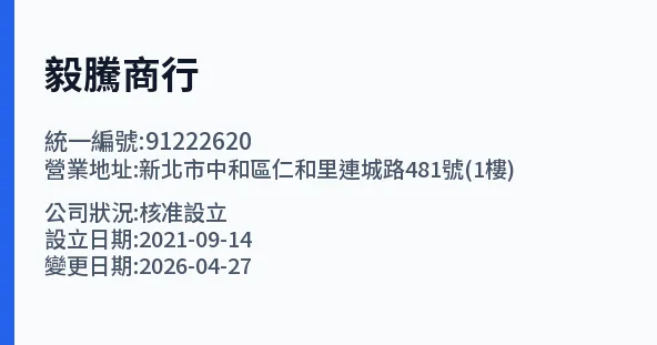 毅騰商行的照片-統編 91222620(新北市) 公司登記資料與營業項目詳細圖表