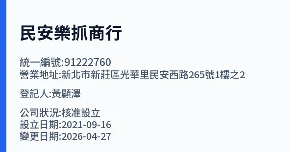 民安樂抓商行的照片-統編 91222760(新北市) 公司登記資料與營業項目詳細圖表